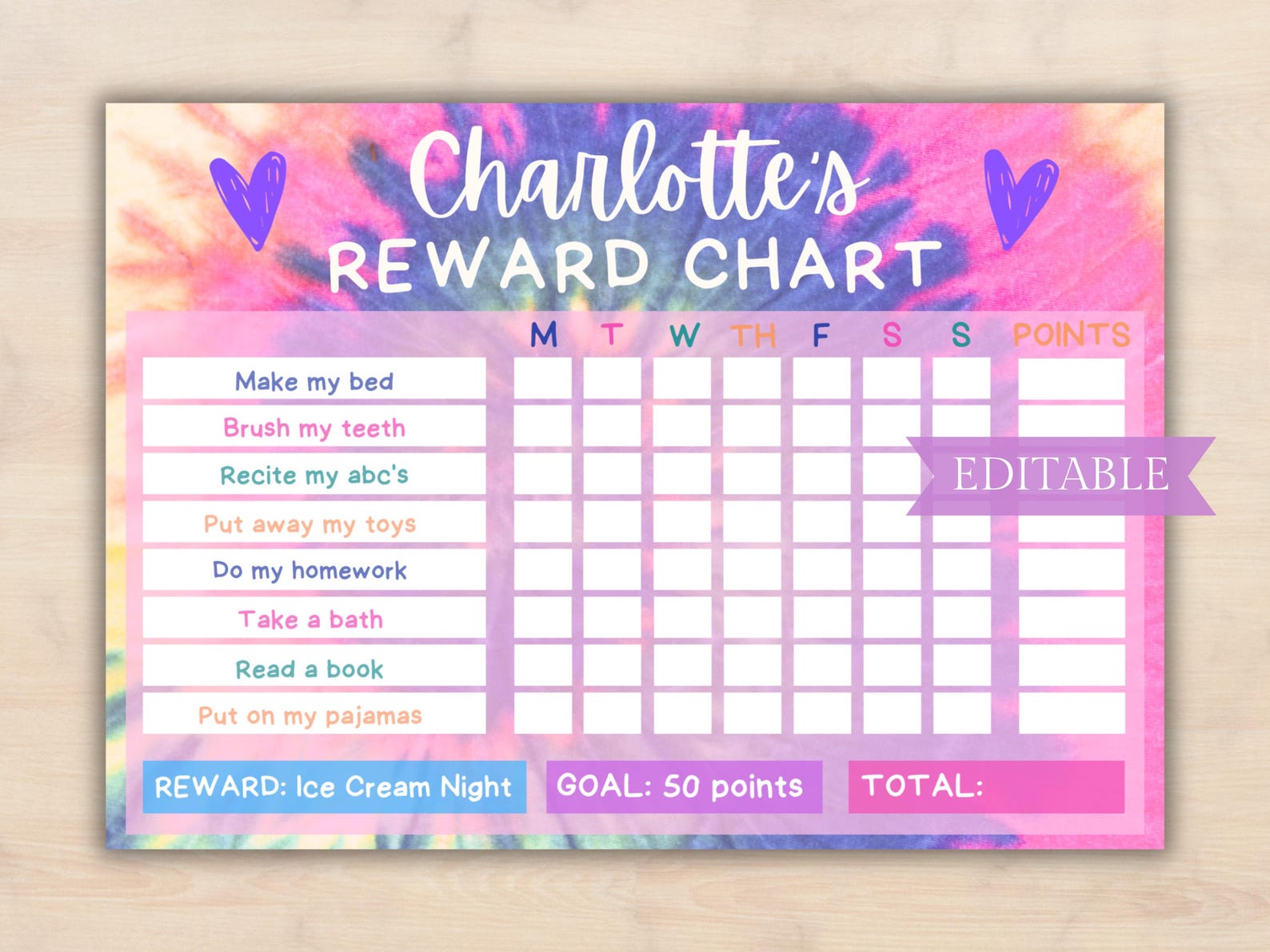 Editable Kids Tie Dye Chore Chart, Tie Dye Reward Chart, Weekly Chore ...