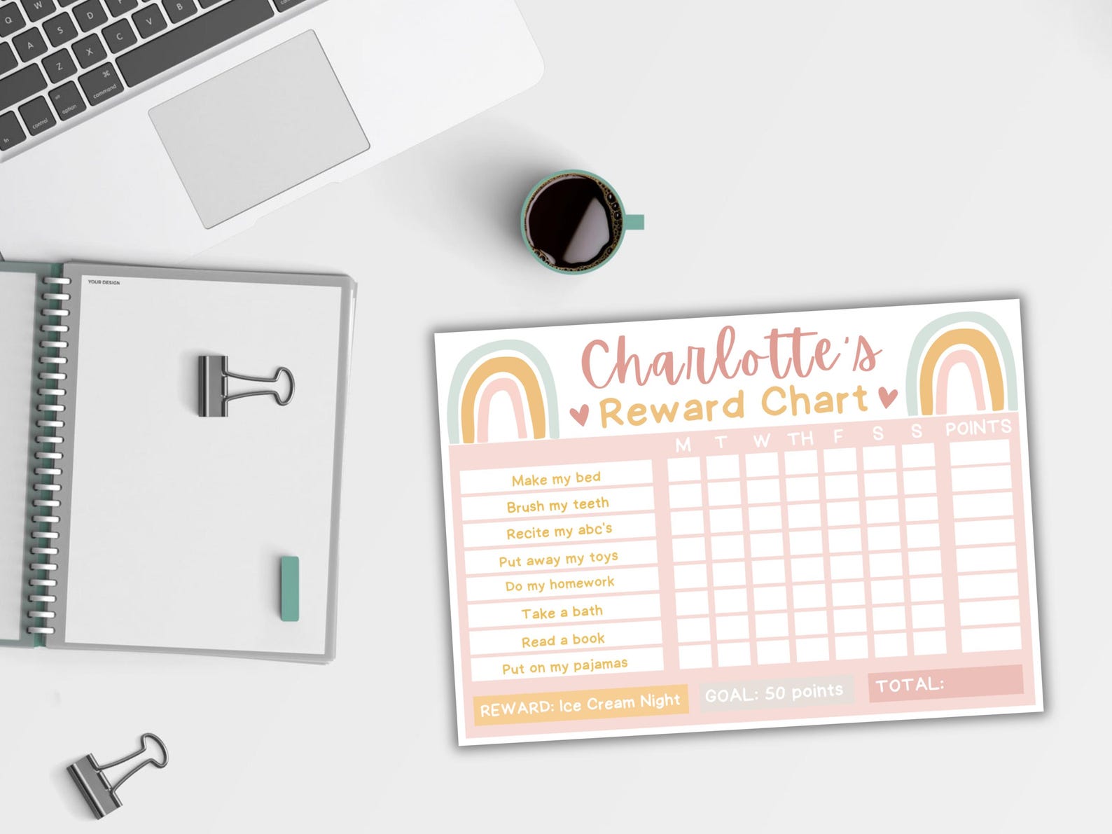 Editable Kids Boho Rainbow Chore Chart, Kids Boho Reward Chart, Weekly ...