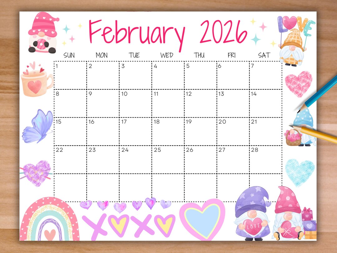 Editable February 2026 Calendar, Printable Colorful Valentines Day ...