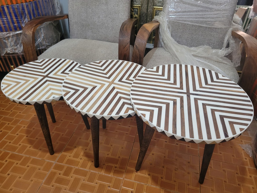 Three Tiered Tables Made of Walnut Wood and Resin. an Elegant Round ...