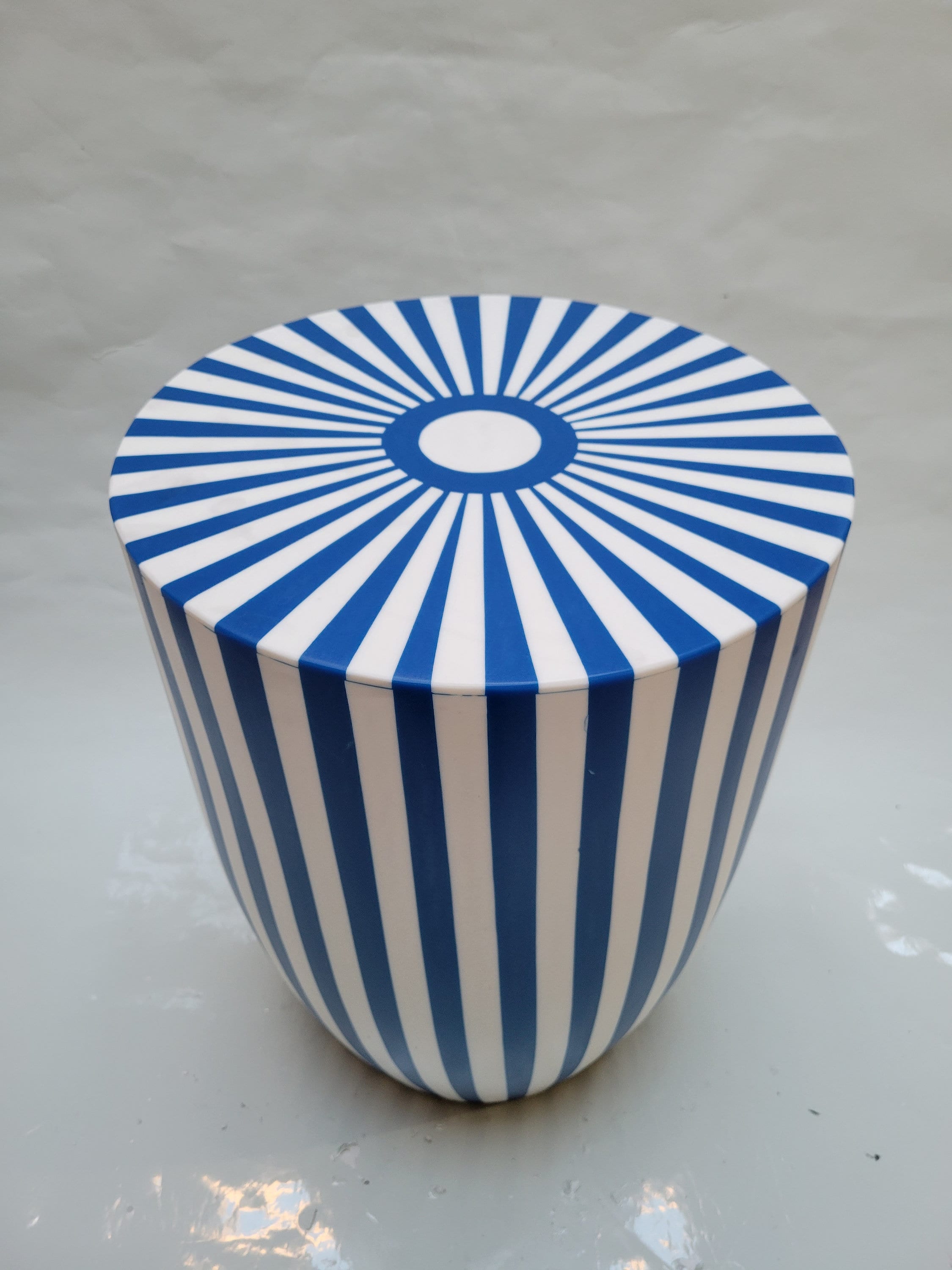 Handcrafted Round Blue Table, White and Blue Striped Coffee Side Table ...