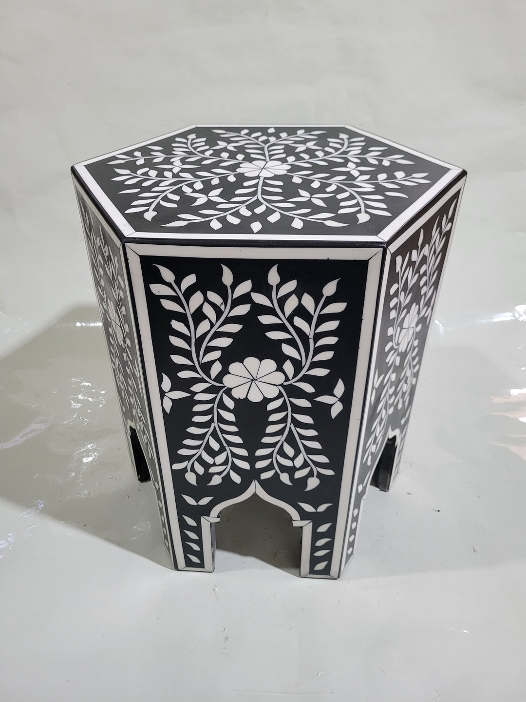 Moroccan Resin Inlay Side Table – Handmade Hexagonal Accent Table With Traditional Floral ...