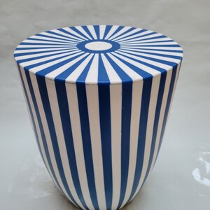 Handcrafted Round Blue Table, White and Blue Striped Coffee Side Table ...