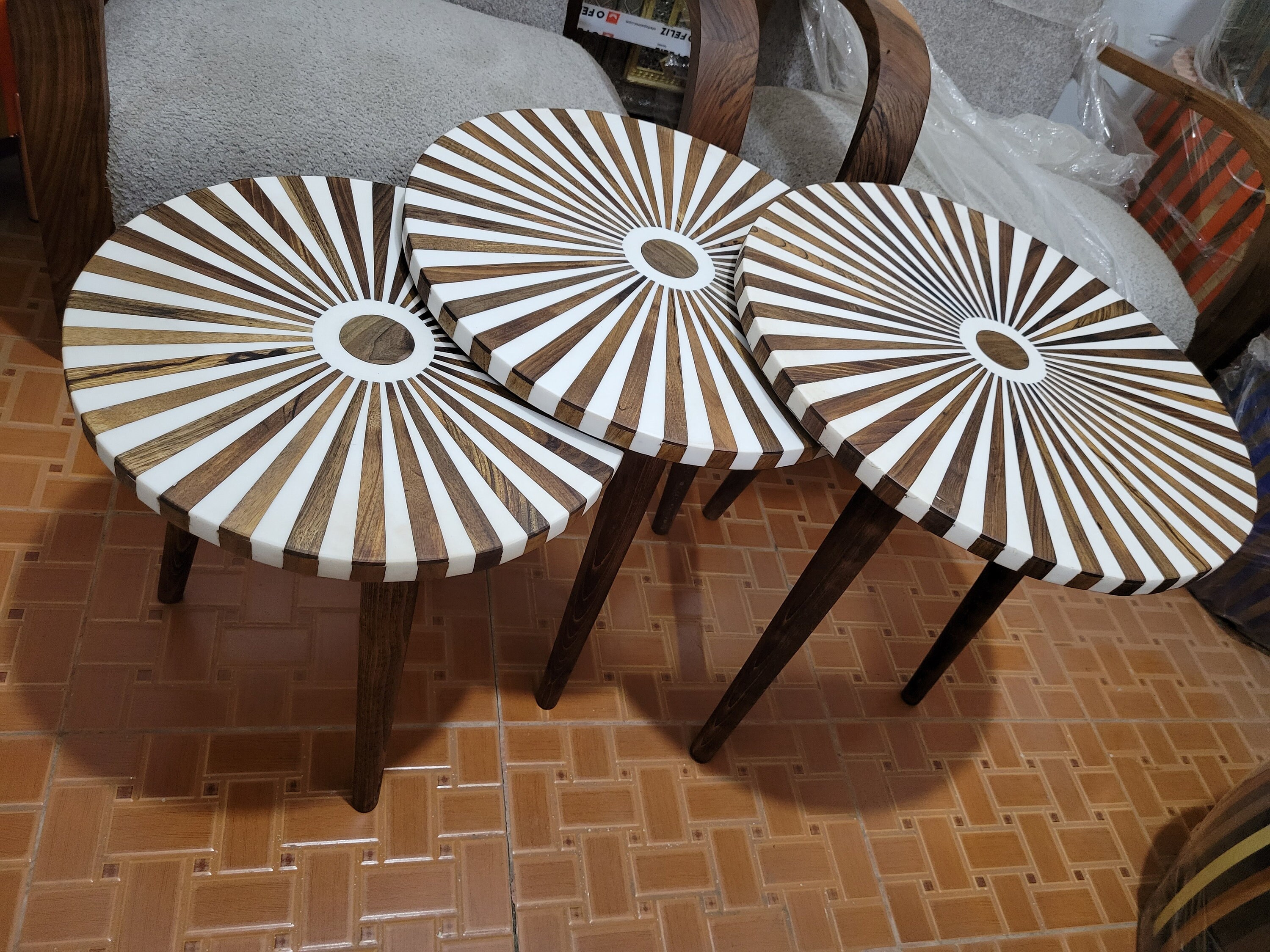 Three Tiered Tables Made of Walnut Wood and Resin. an Elegant Round ...