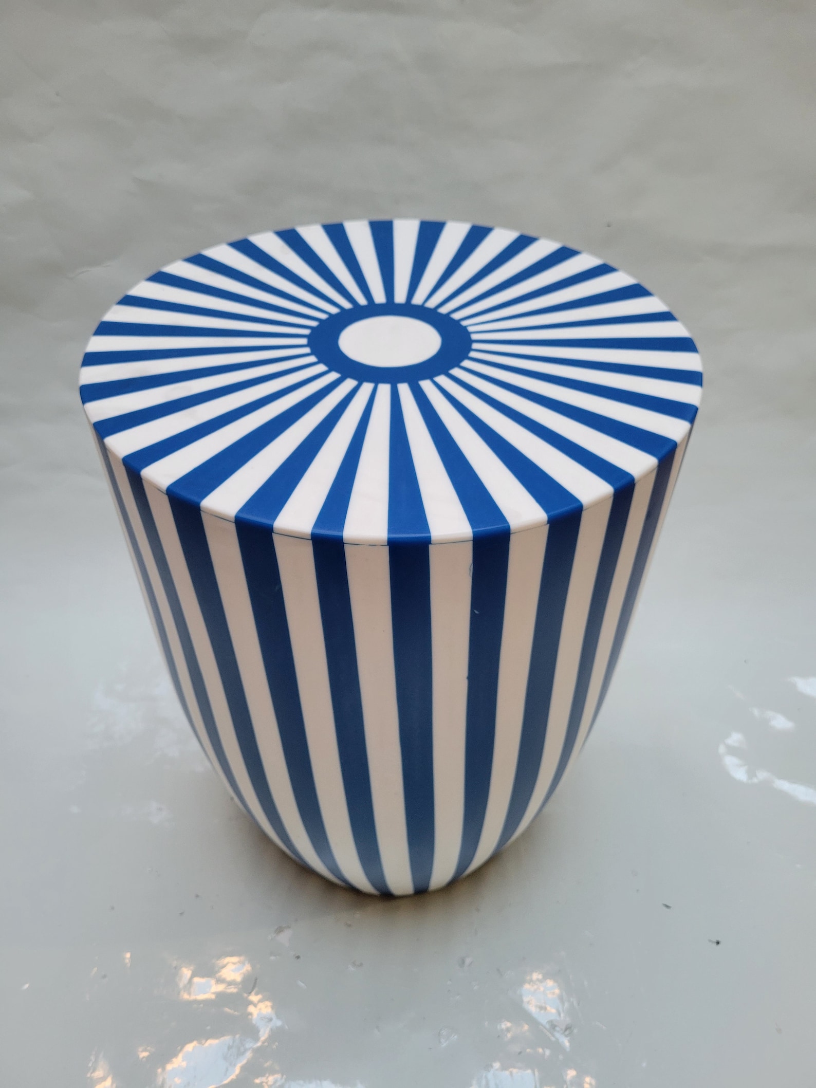 Handcrafted Round Blue Table, White and Blue Striped Coffee Side Table ...