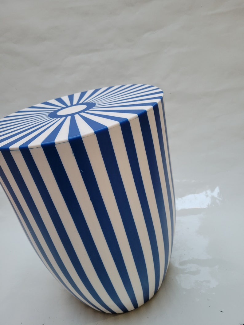 Handcrafted Round Blue Table, White and Blue Striped Coffee Side Table ...