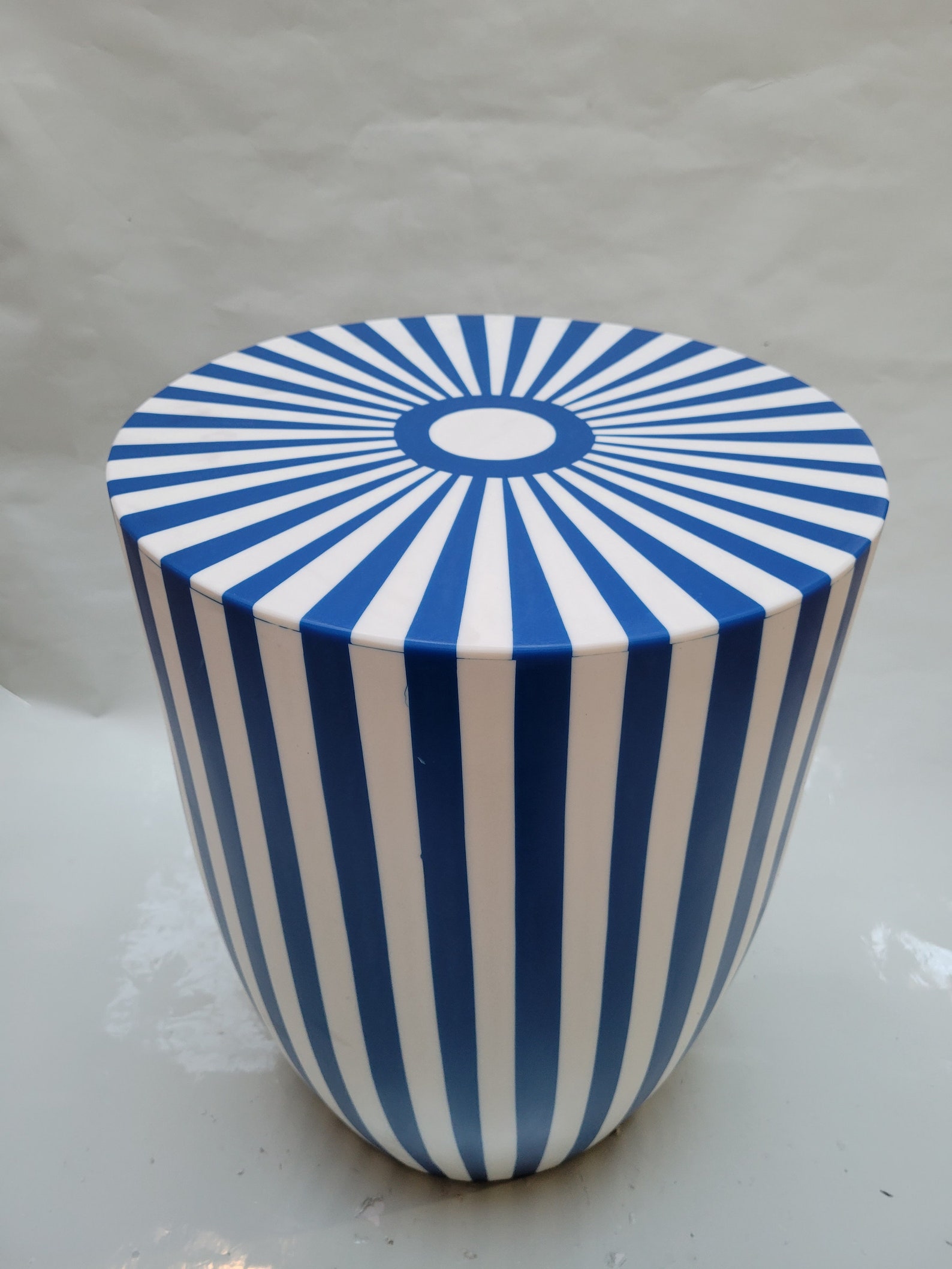 Handcrafted Round Blue Table, White and Blue Striped Coffee Side Table ...