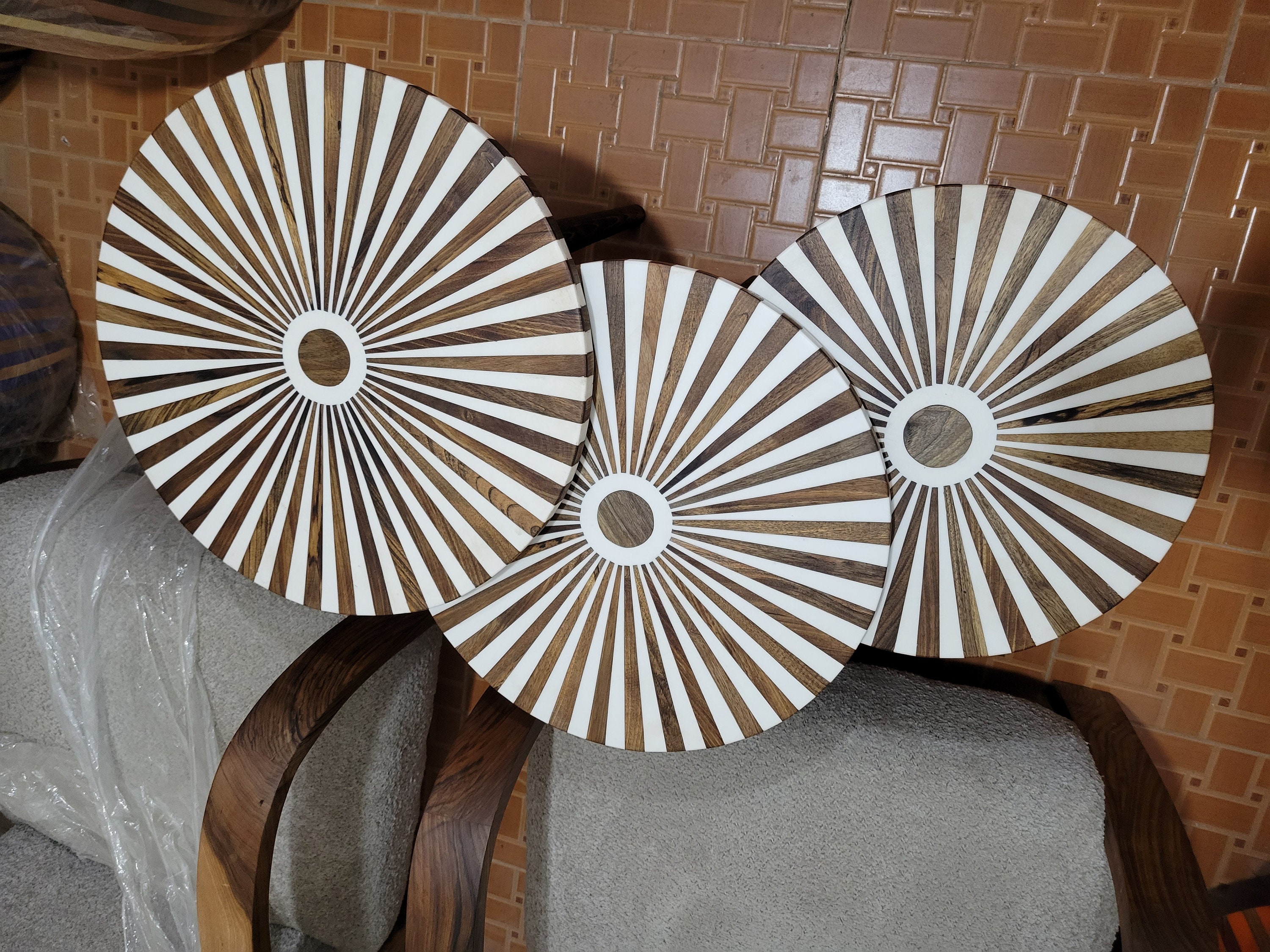 Three Tiered Tables Made of Walnut Wood and Resin. an Elegant Round ...