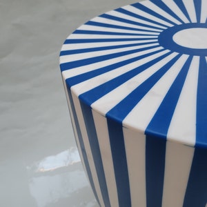 Handcrafted Round Blue Table, White and Blue Striped Coffee Side Table ...