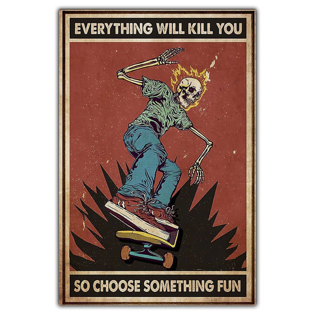 Retro Art Funny Skeleton Skull Surfing Canvas Painting Fashion ...