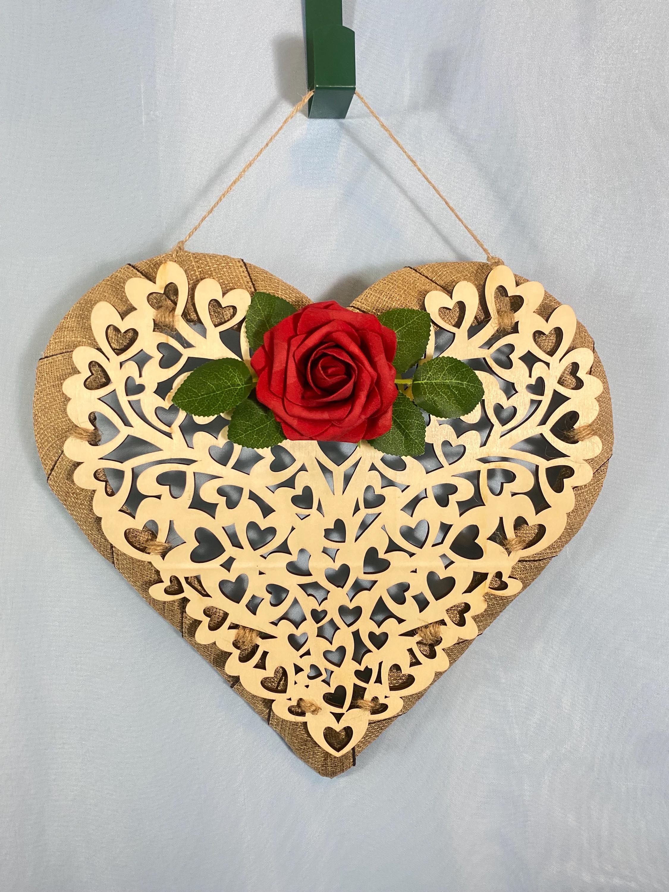 Laser Cut Wood Heart Wreath With Red Rose. Cut Out Hearts With Burlap ...