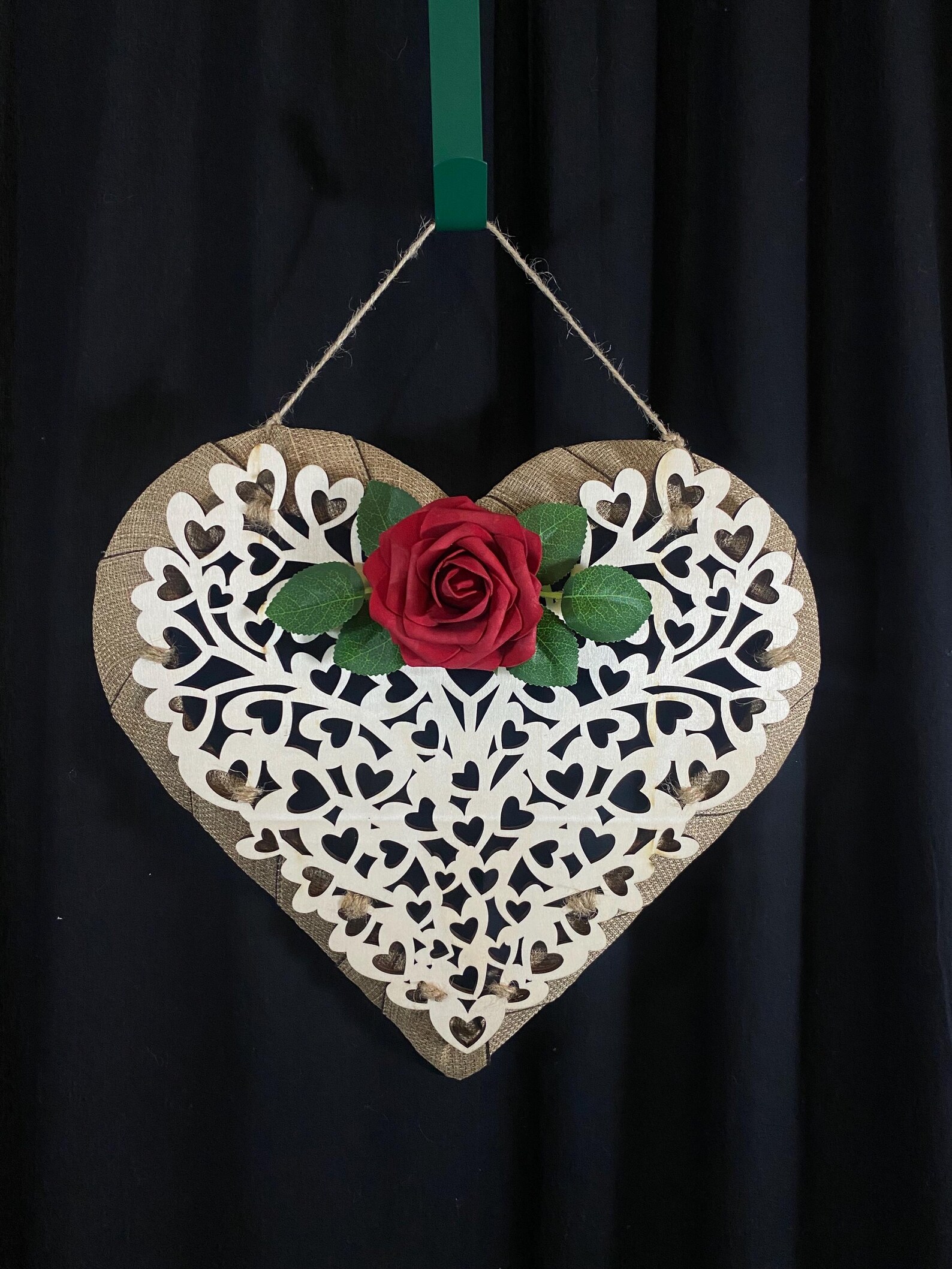 Laser Cut Wood Heart Wreath With Red Rose. Cut Out Hearts With Burlap ...
