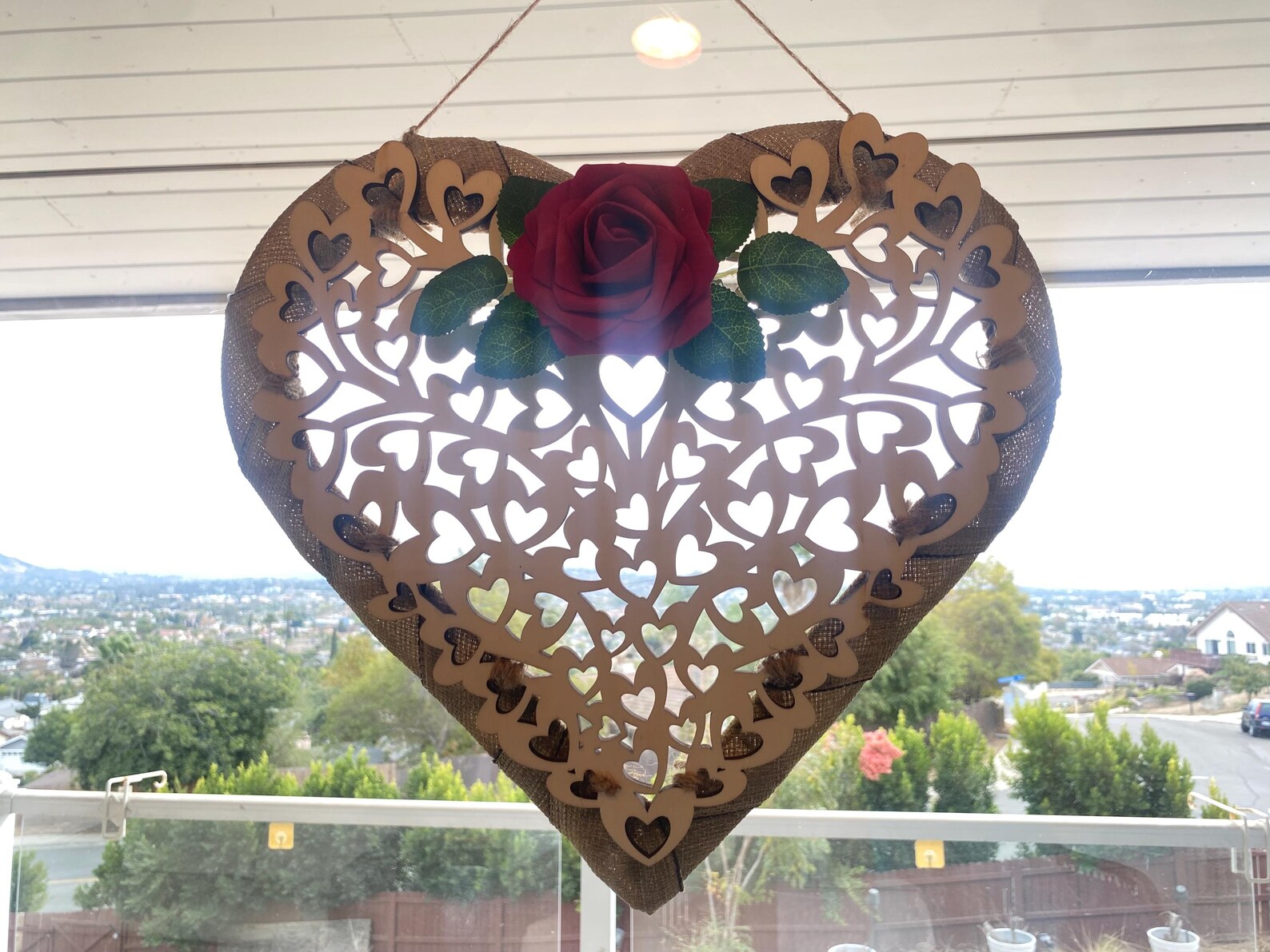 Laser Cut Wood Heart Wreath With Red Rose. Cut Out Hearts With Burlap ...