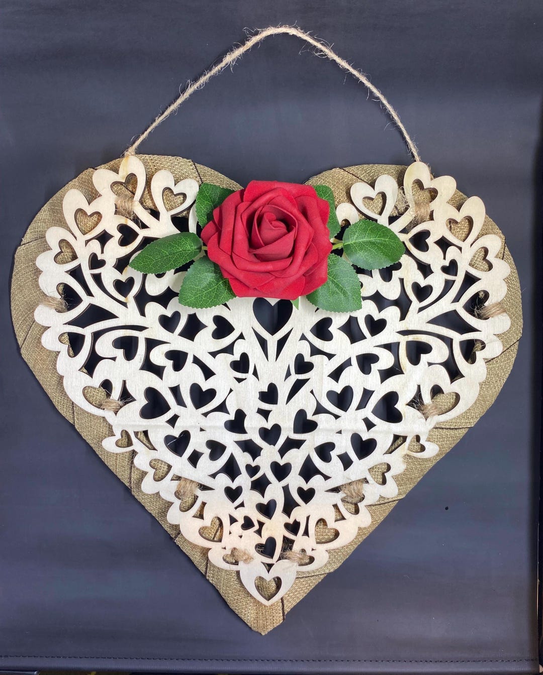 Laser Cut Wood Heart Wreath With Red Rose. Cut Out Hearts With Burlap ...