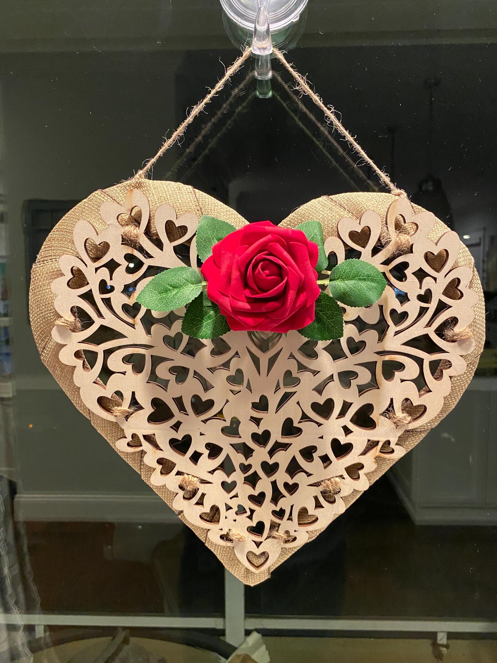 Laser Cut Wood Heart Wreath With Red Rose. Cut Out Hearts With Burlap ...