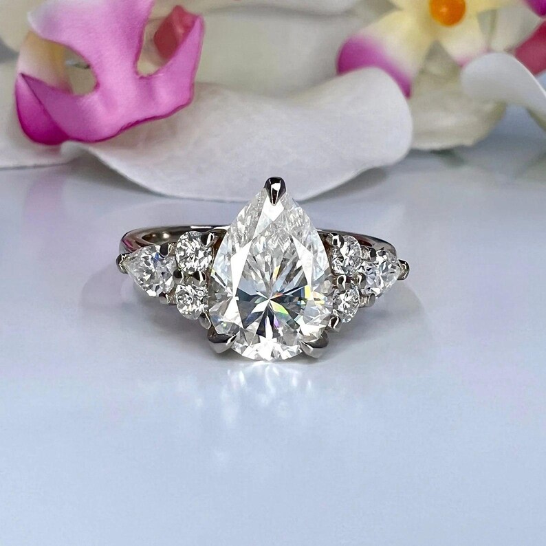 Pear Shaped Ring 14k Solid Gold, Pear Shaped Moissanite Halo Engagement ...