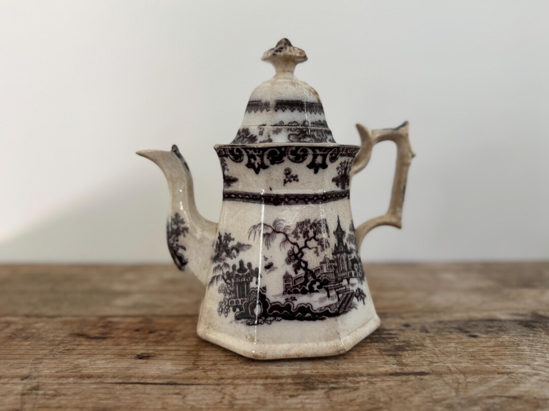 Antique 1800s Teapot English Flow Black White Ironstone Tea Pot Pitcher ...