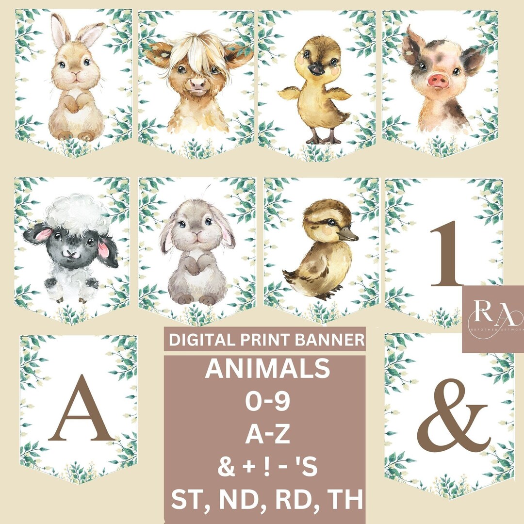 Watercolour Country Farm Animals Banner Make Your Own Print Children's ...