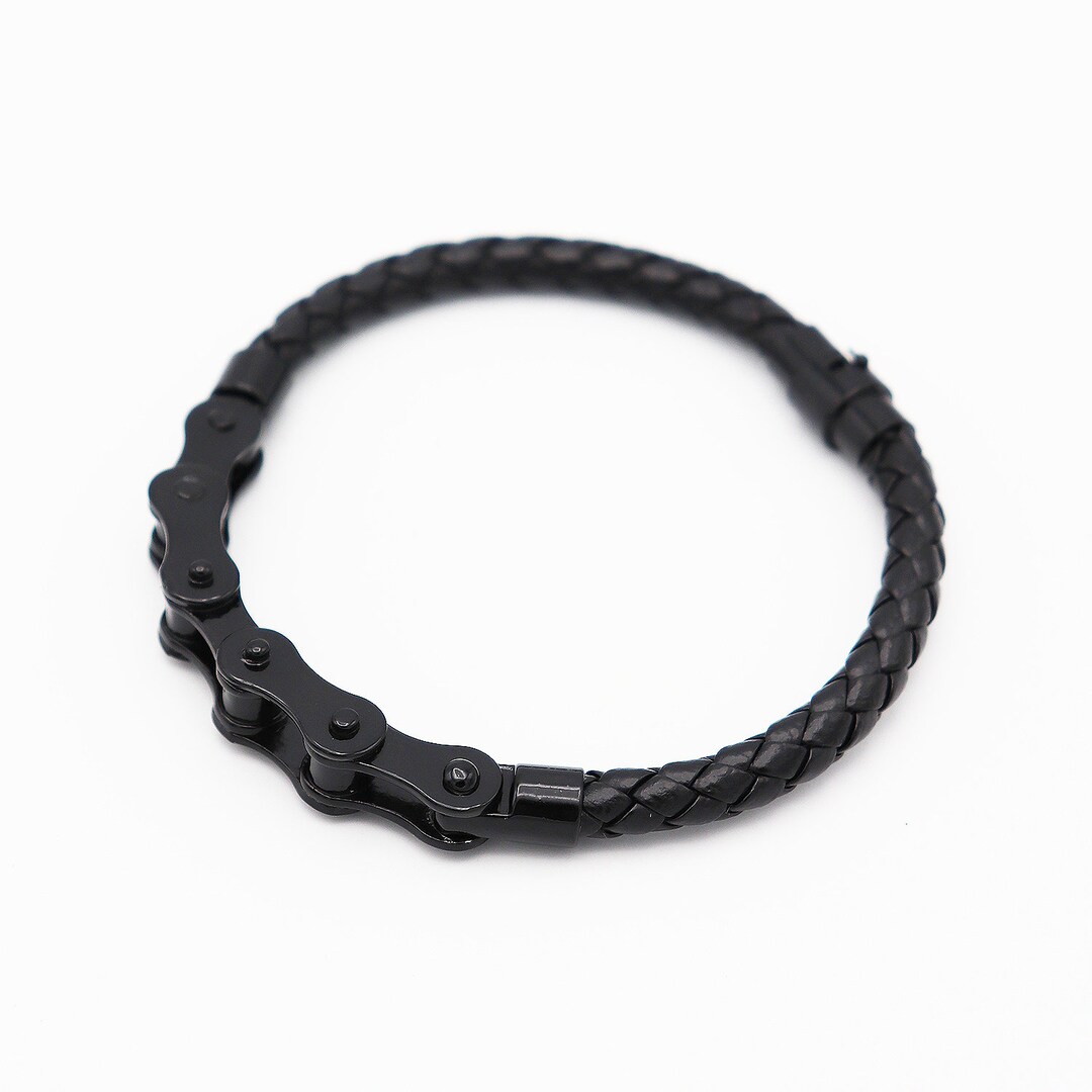 Personalised Bike Chain Bracelet | Black Bicycle Chain Steel Leather ...