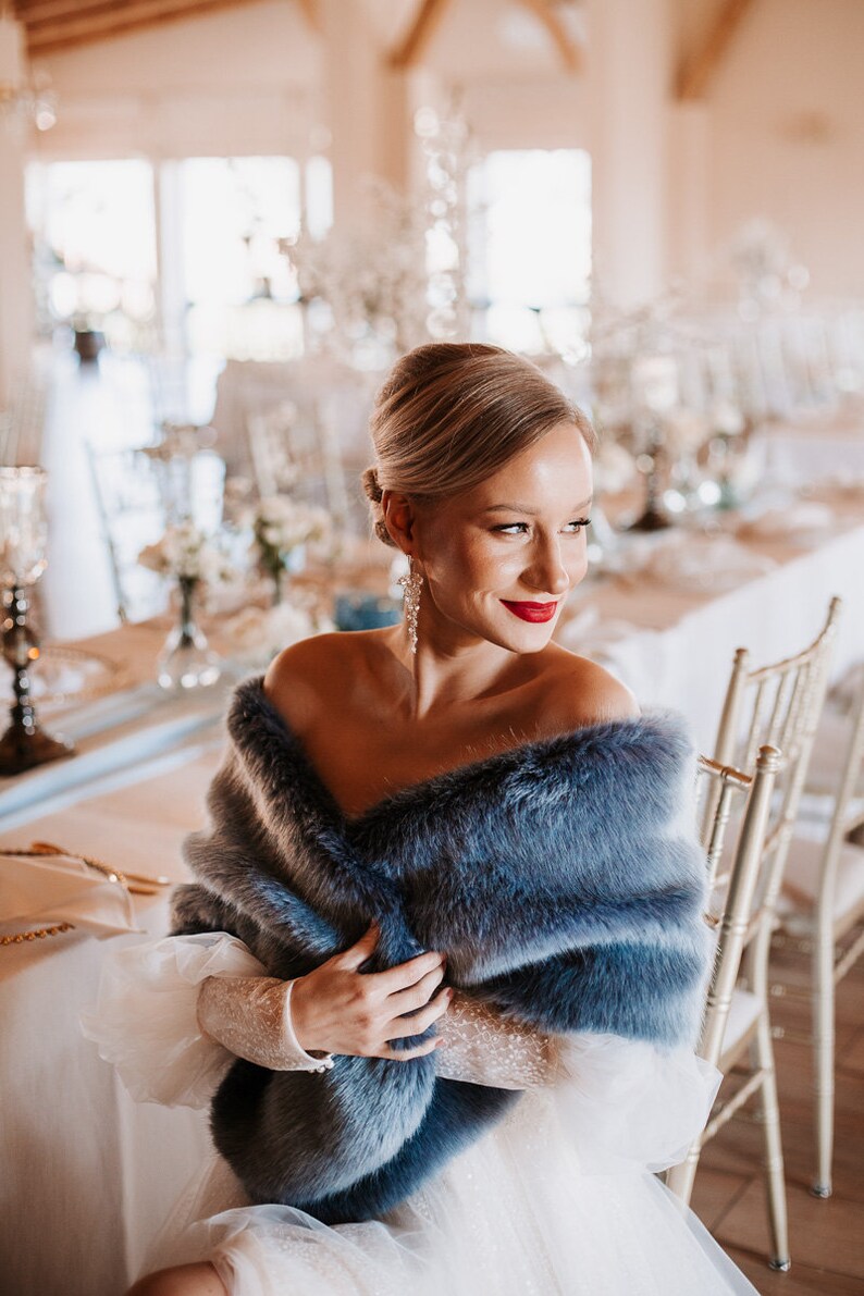Faux Fur Dasty Blue Wrap, Wedding Faux Fur Shawl, Faux Fur Bridal Stole ...