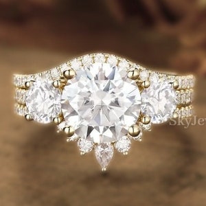 Antique Three Stone Ring With Stackable Wedding Ring Set, Round Three ...