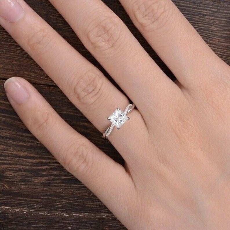 Unique Twisted Princess Cut Moissanite Engagement Ring, White Gold ...
