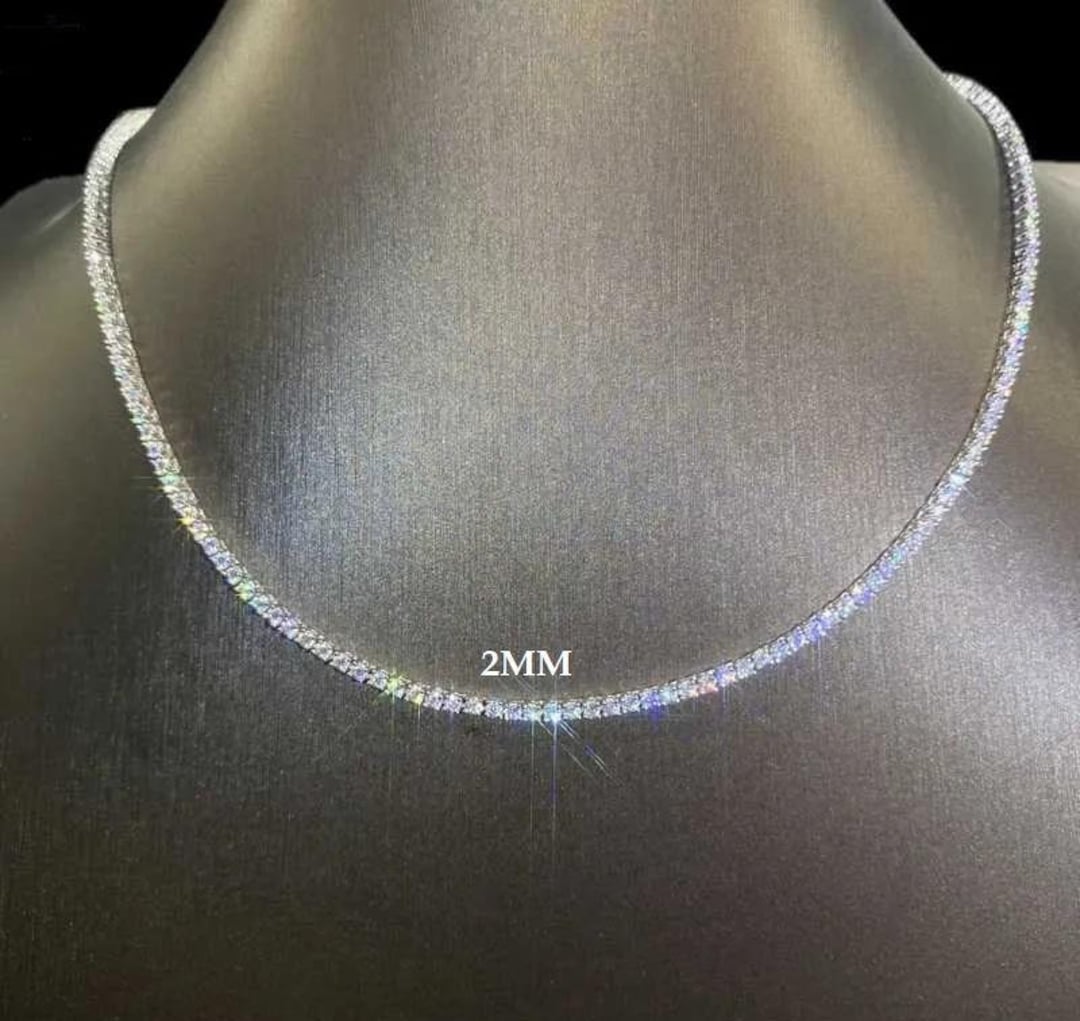 2mm Tennis Necklace, Round Cut VVS Moissanite Diamond Necklace, 925 Solid Sterling Silver Chain ...