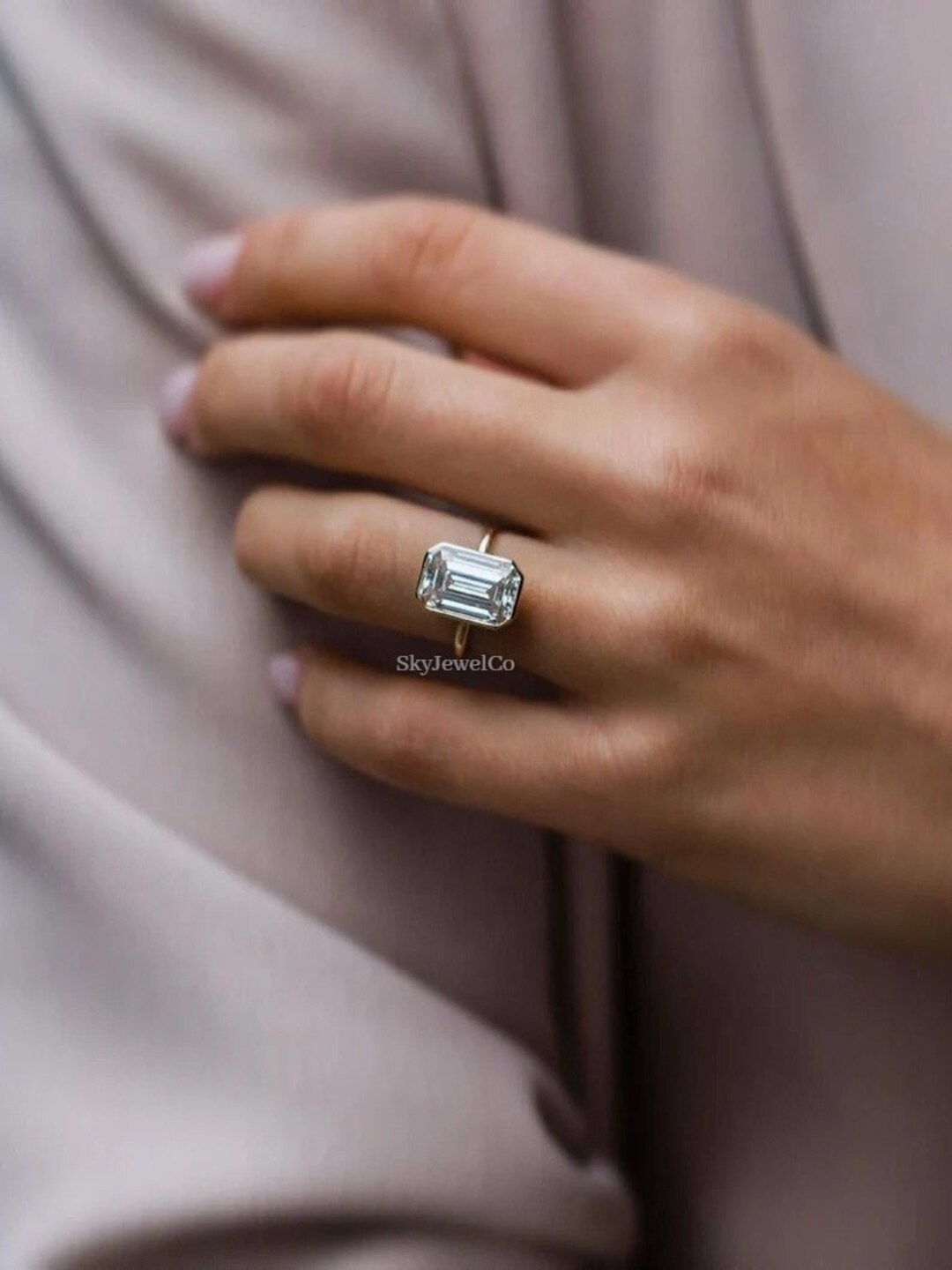 Emerald Cut Bezel Set Solitaire Engagement Ring, 14K Yellow Gold ...