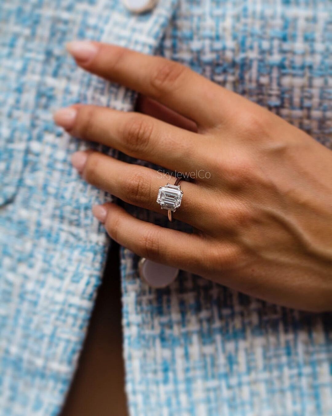 Emerald Cut 3 Diamond Ring, Antique Step Cut Baguette Ring, Three Stone ...