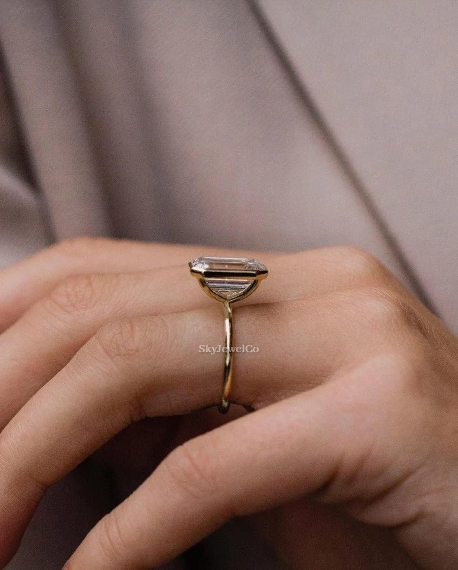 Emerald Cut Bezel Set Solitaire Engagement Ring 14K Yellow - Etsy