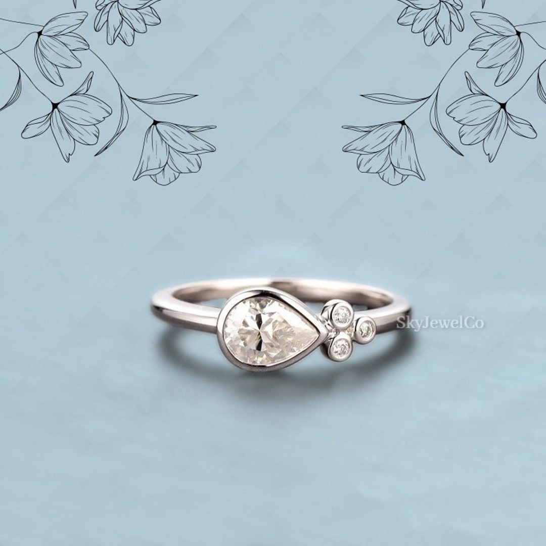 East West Pear Bezel Ring, Pear Cut Moissanite Engagement Ring, Three ...