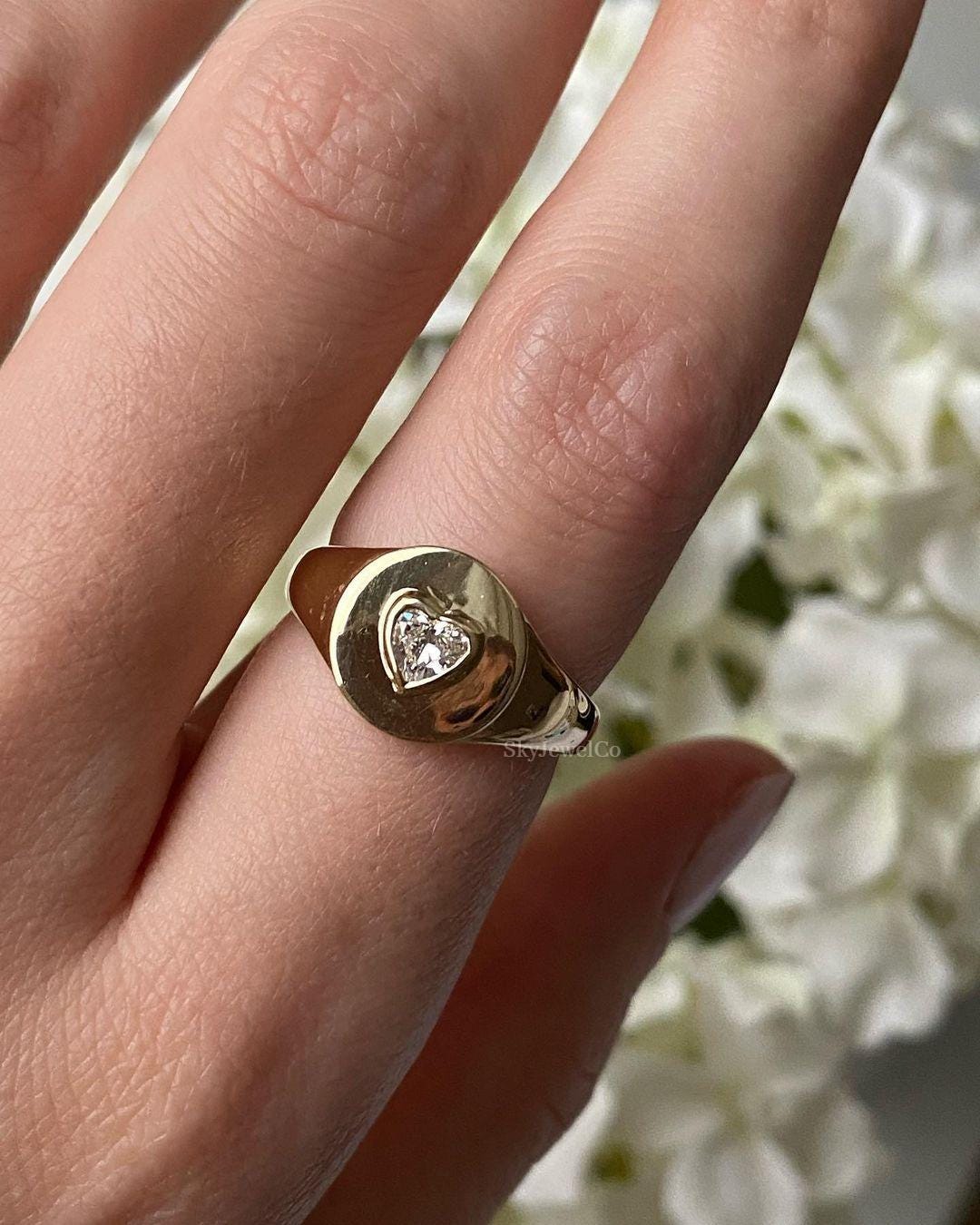 Heart Diamond Signet Ring, Heart Cut Moissanite Signet Ring, 14k Solid ...