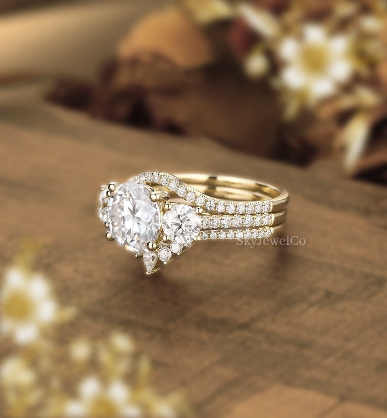 Antique Three Stone Ring With Stackable Wedding Ring Set, Round Three ...