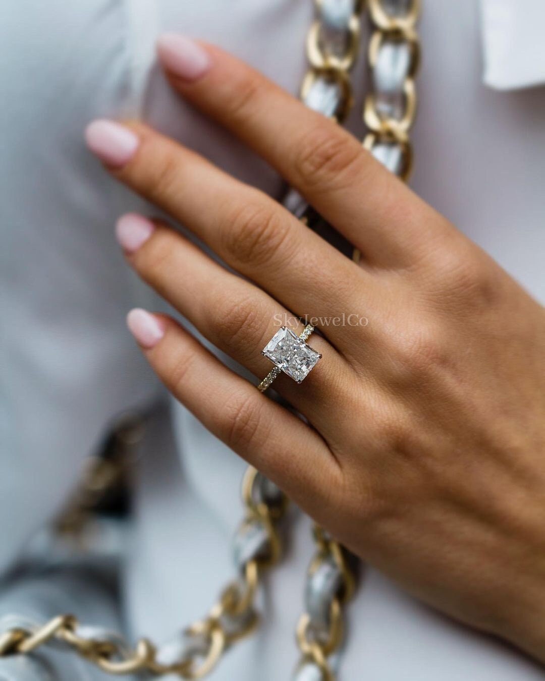Two Tone Solitaire Engagement Ring, Hidden Halo Wedding Ring, 14K Solid ...