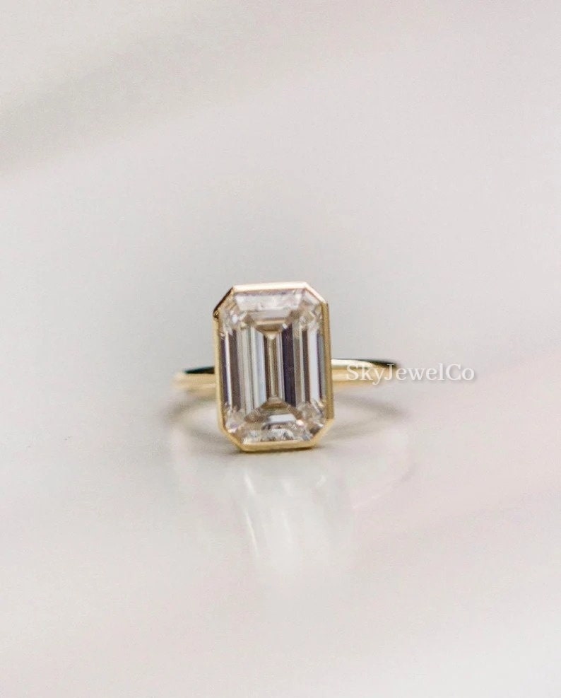 Emerald Cut Bezel Set Solitaire Engagement Ring 14K Yellow - Etsy