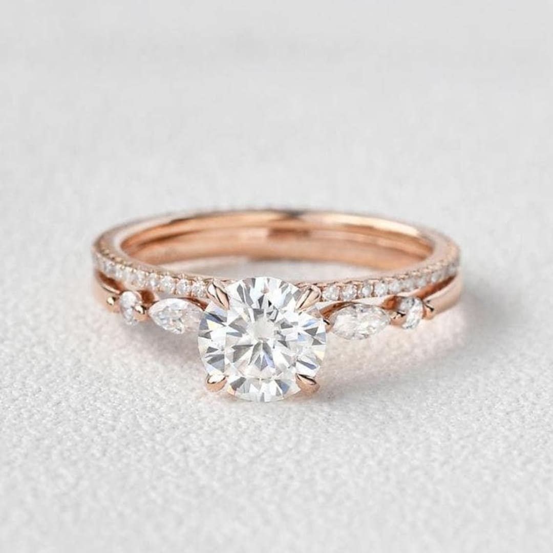 14K Solid Rose Gold Wedding Set| 1.8CTW Round Moissanite Diamond Bridal ...