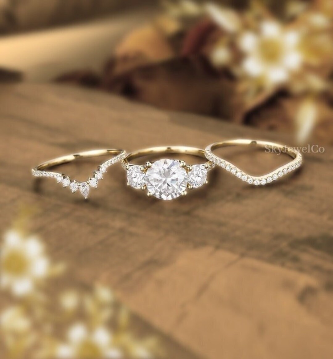 Antique Three Stone Ring With Stackable Wedding Ring Set, Round Three ...