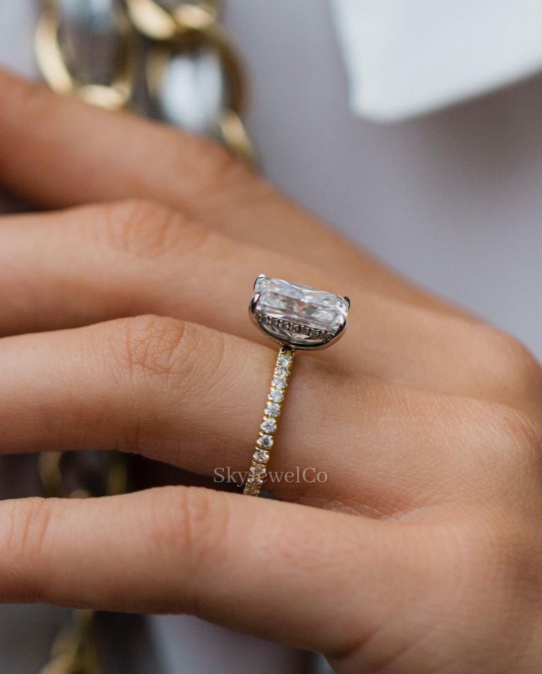 Two Tone Solitaire Engagement Ring Hidden Halo Wedding Ring - Etsy