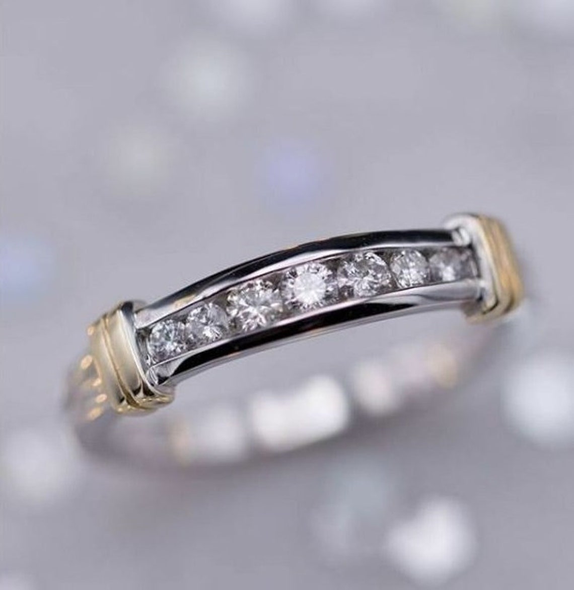 Channel Set Diamond Engagement Band, Two Tone Wedding Ring, Stackable ...