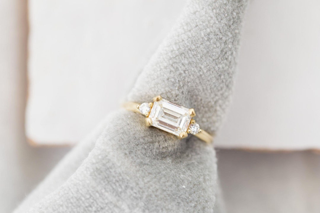 East West Emerald Cut Ring, Three Stone Moissanite Engagement Ring, 14k ...