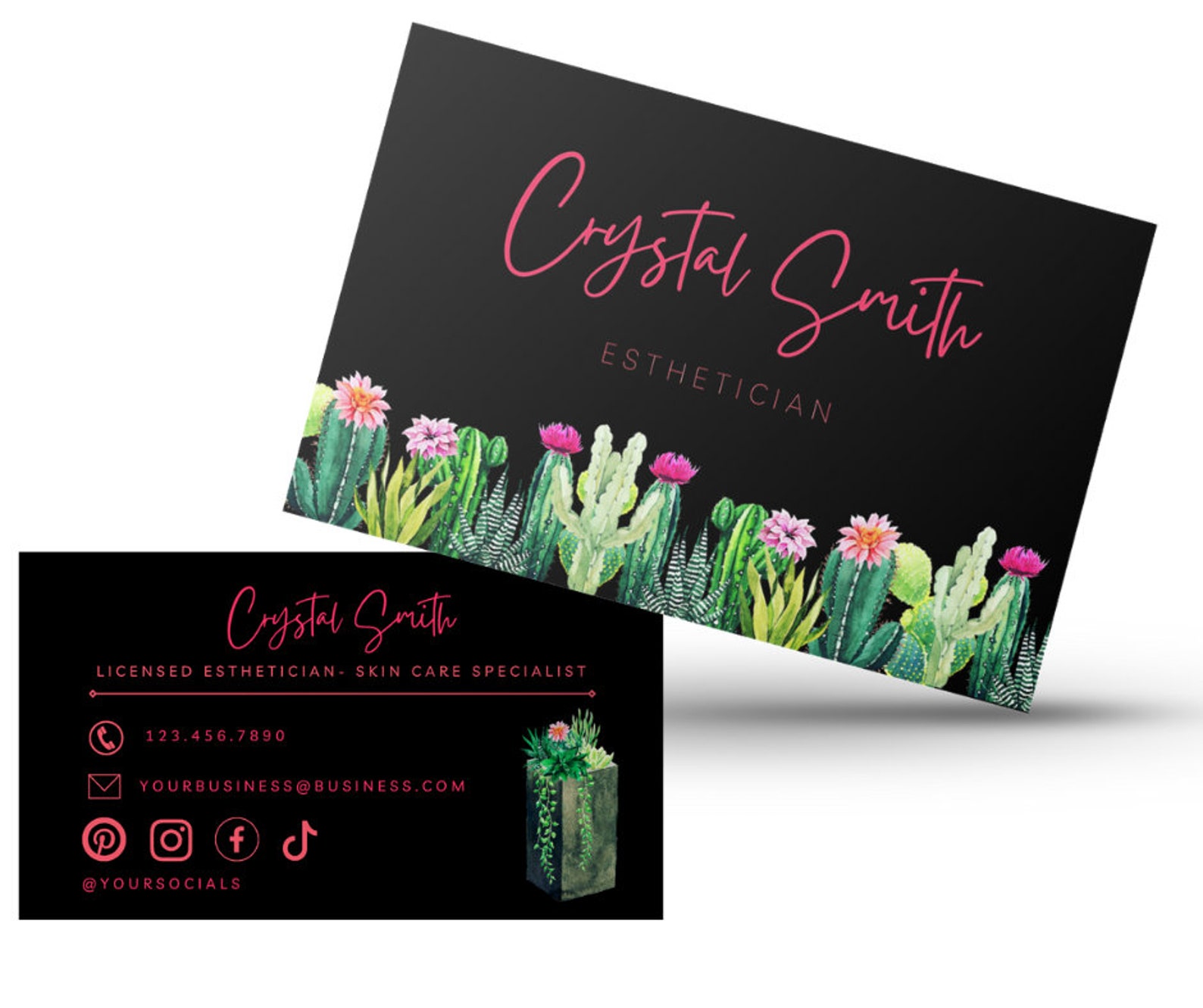 Cactus Succulent Desert Pink Green Editable Business Card Template - Etsy