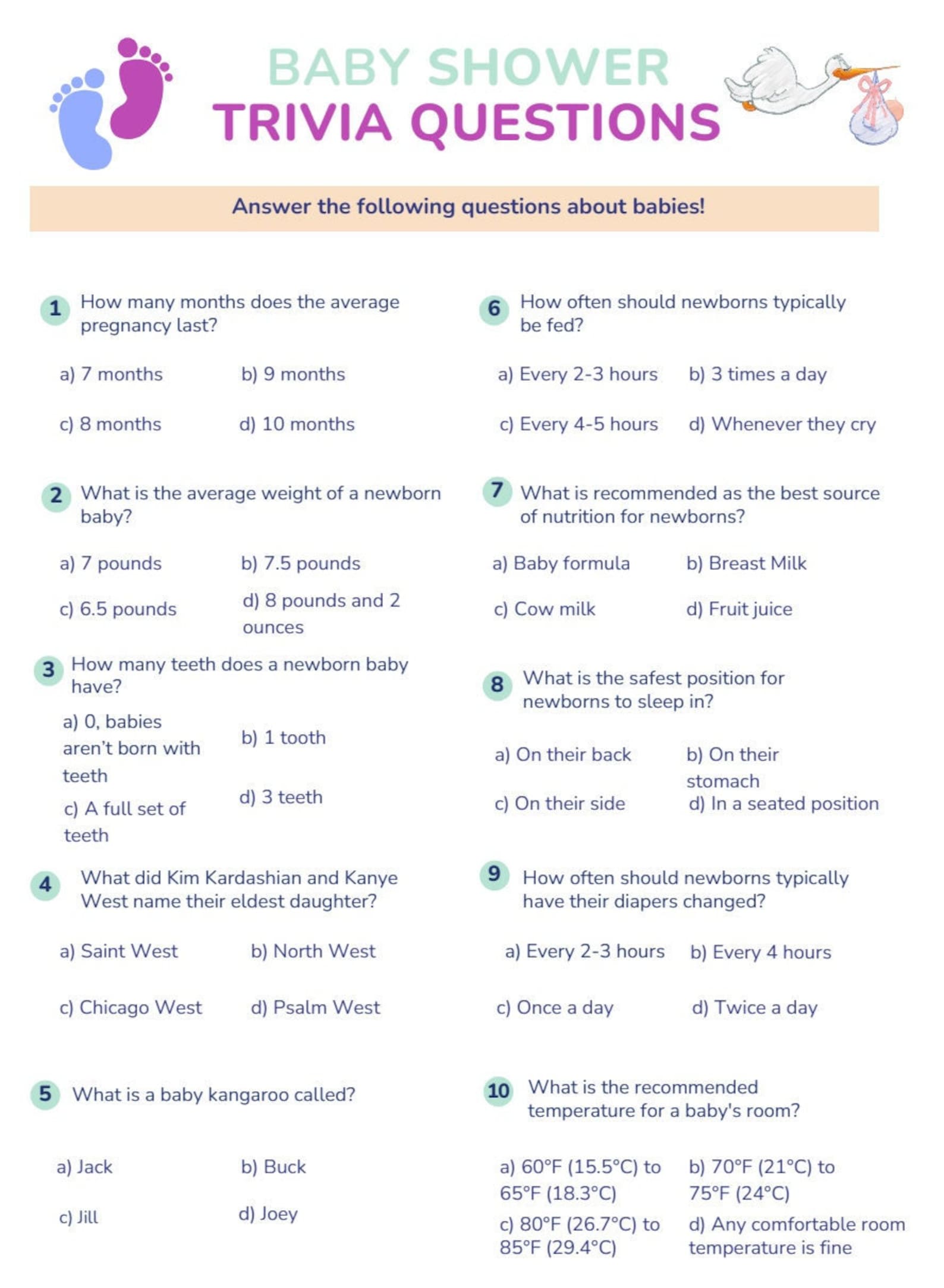 Baby Shower Trivia Game With Answers (printable PDF) - Etsy