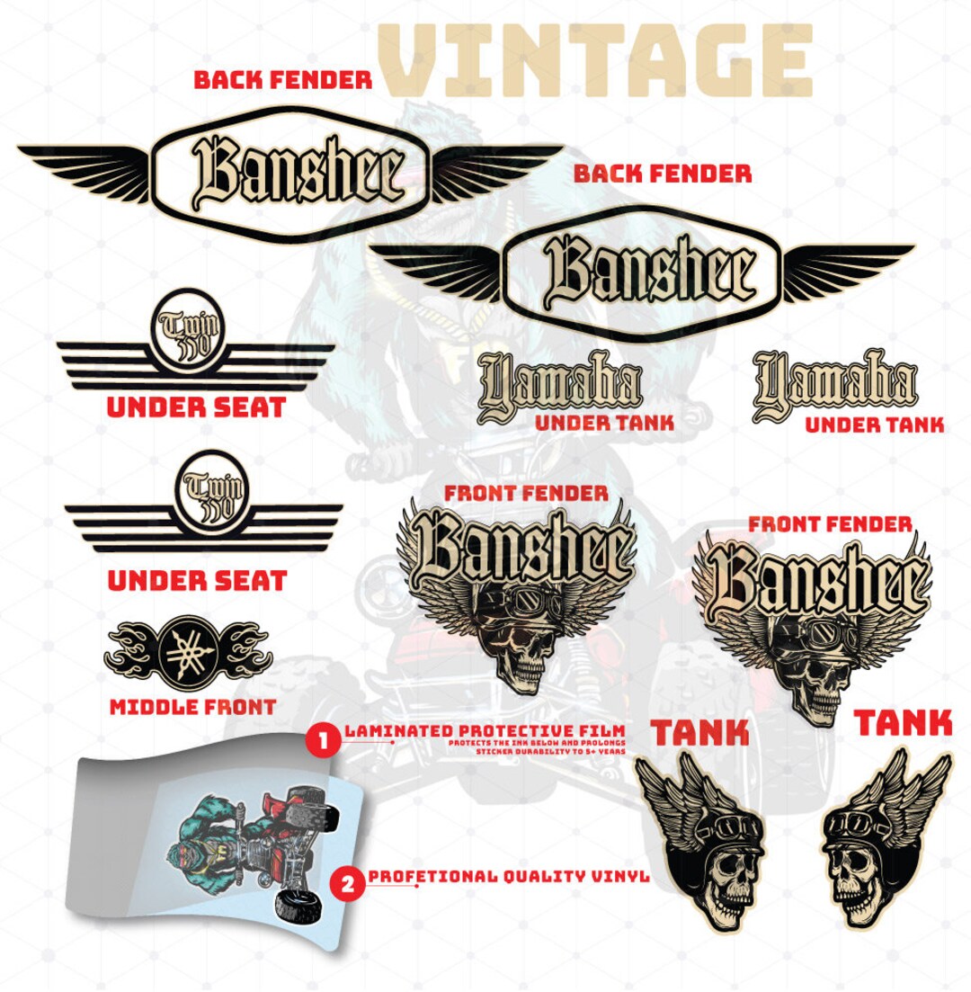 Yamaha Banshee Decals Graphics Custom VINTAGE Theme Fits on ALL Fenders ...