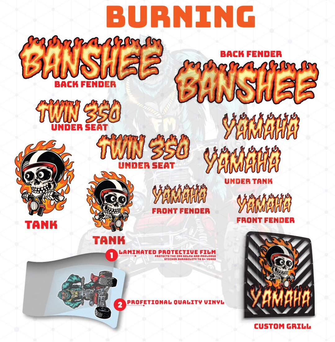Yamaha Banshee Decals Graphics Grill Custom Burning Shull Theme Fits on ...