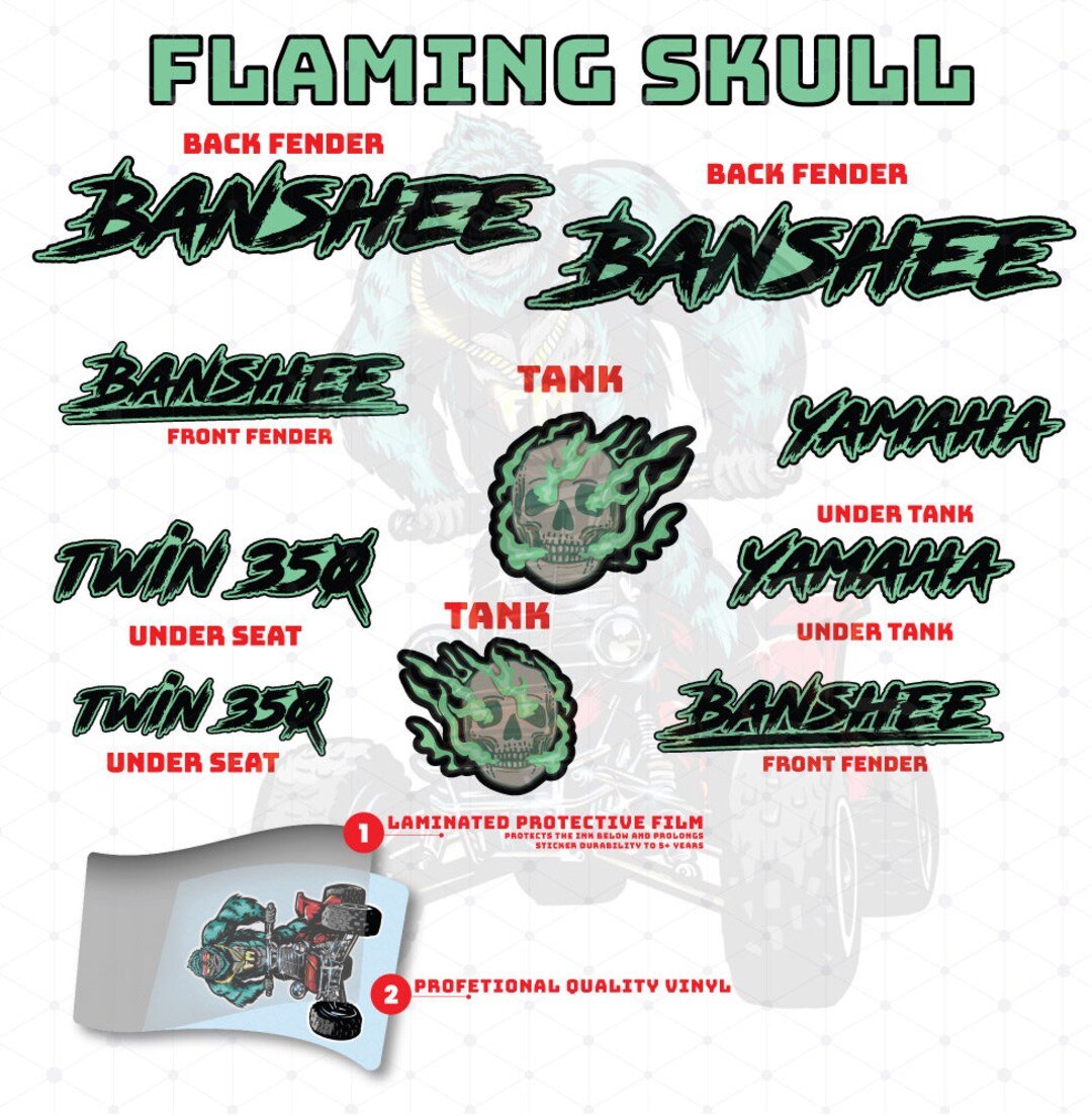 Yamaha Banshee Decals Graphics Custom FLAMING SKULL Theme Fits on ALL ...