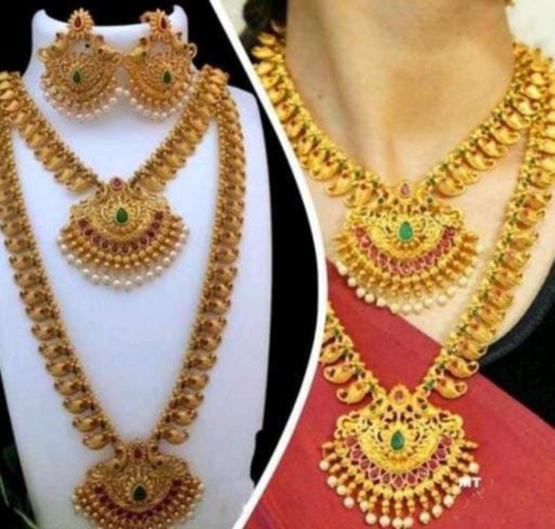 Long Haram Gold Plated Indian Gold Choker Necklace Set for Bridal ...