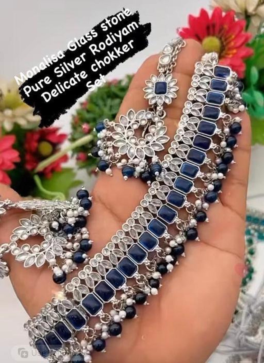 Blue Monalisa Glass Stone Necklace Set With Earrings Maangtikka, Pure ...