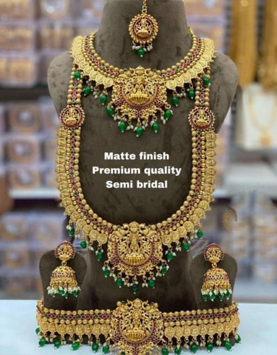Green South Indian Bridal Temple Full Jewelry, Traditional Wedding ...