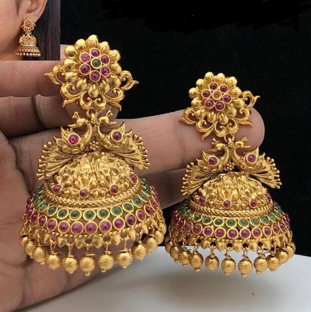 Southindian Temple Gold Plated Earrings, Indian Jhumka, Indian Earrings ...