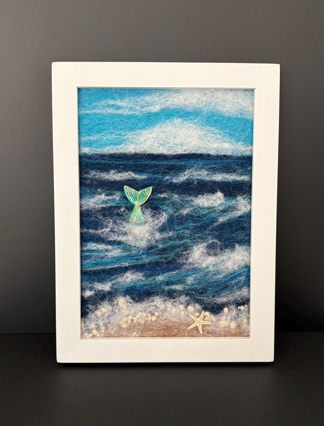 Felted Wool Seascape With Mermaid Tail, Framed Needle Felted Picture ...